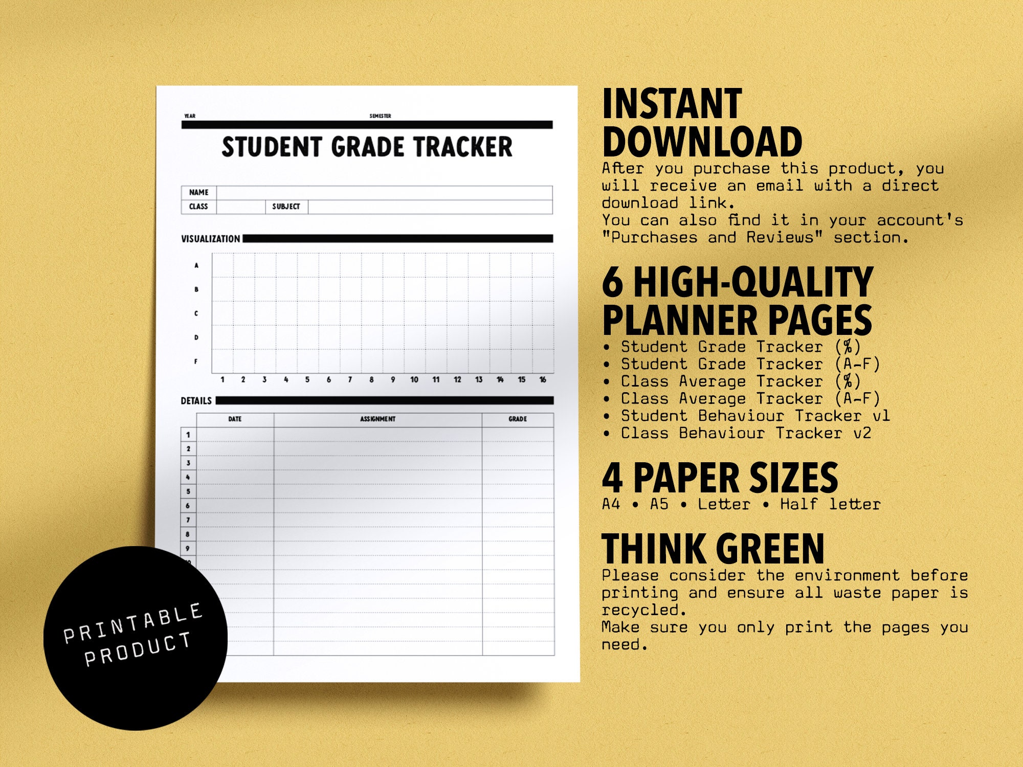 Printable Grade and Behavior Tracker Planner Pages for Teachers // A4 ...
