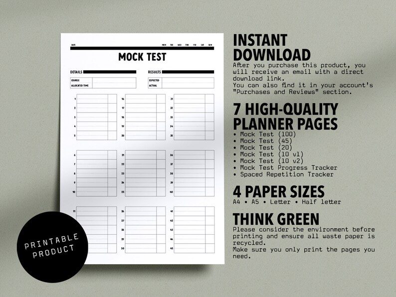 Printable Mock Test Templates for Students // A4 + A5 + Letter + Half ...