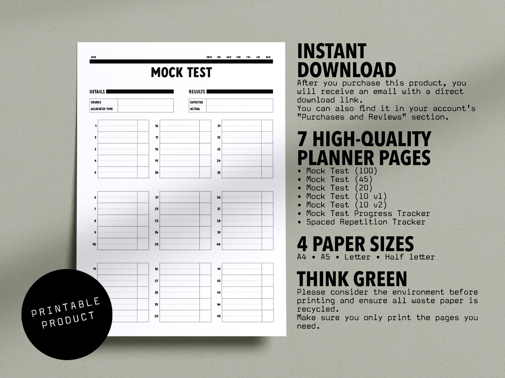 Printable Mock Test Templates for Students // A4 + A5 + Letter + Half ...