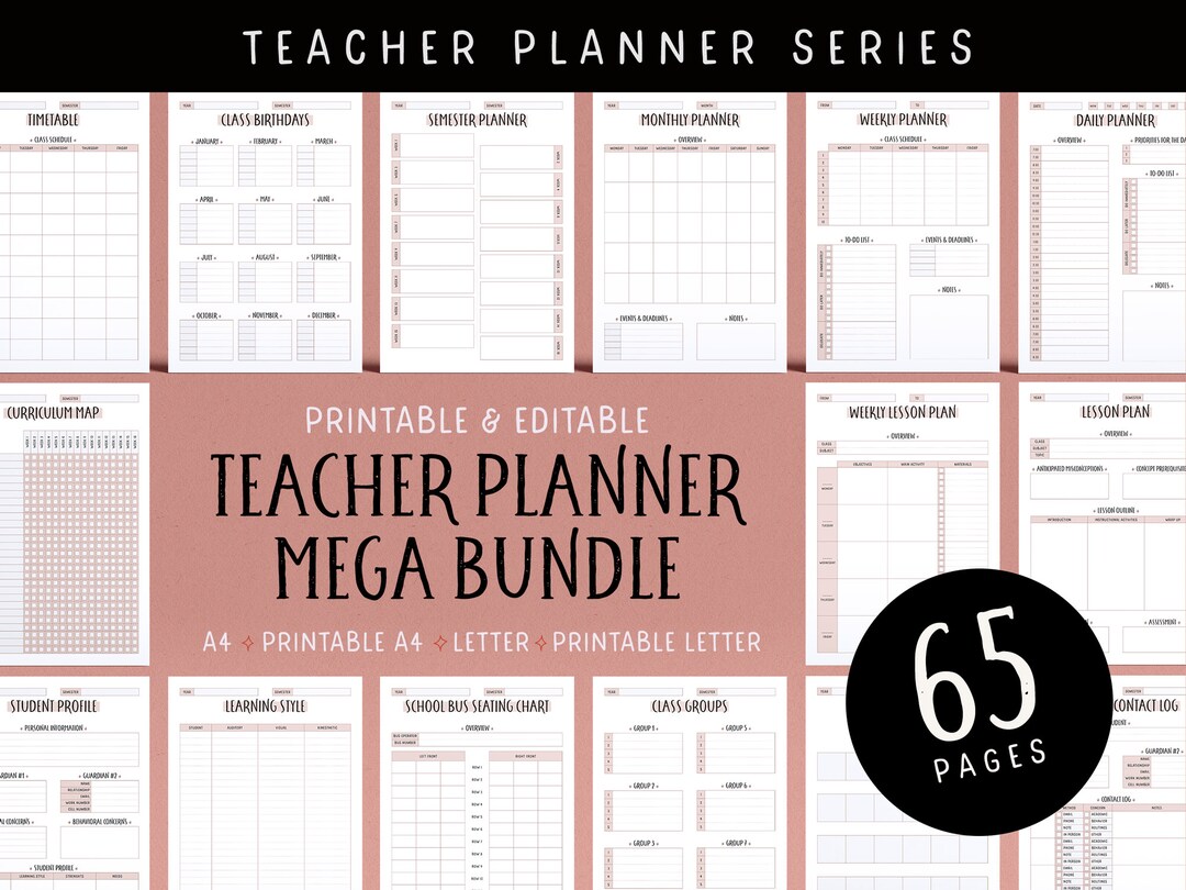 Fillable Printable Planner Bundle for Teachers // 65 Pages // A4 ...