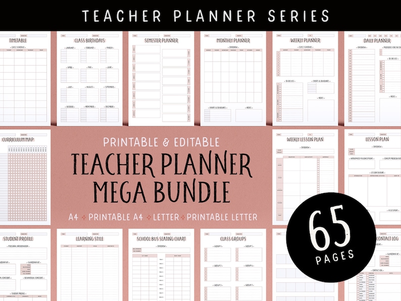 Fillable Printable Planner Bundle for Teachers // 65 Pages // - Etsy