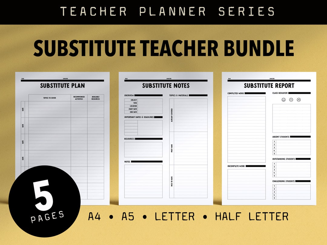 Printable Substitute Plan, Substitute Notes and Substitute Report ...