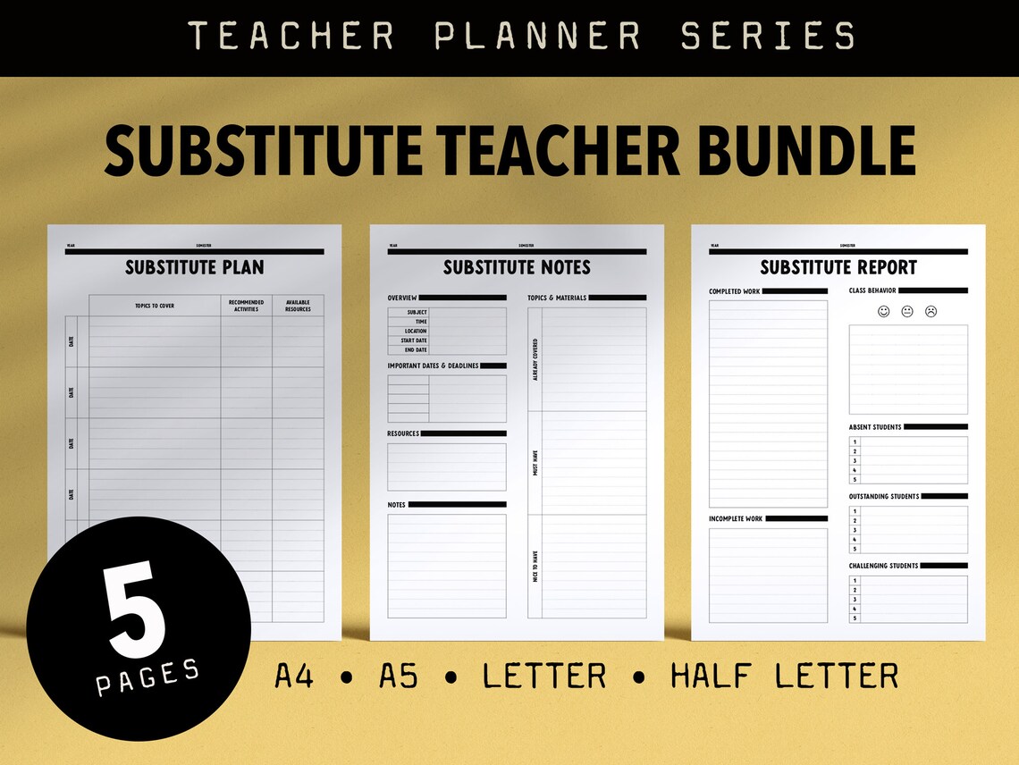 Printable Substitute Plan Substitute Notes and Substitute - Etsy