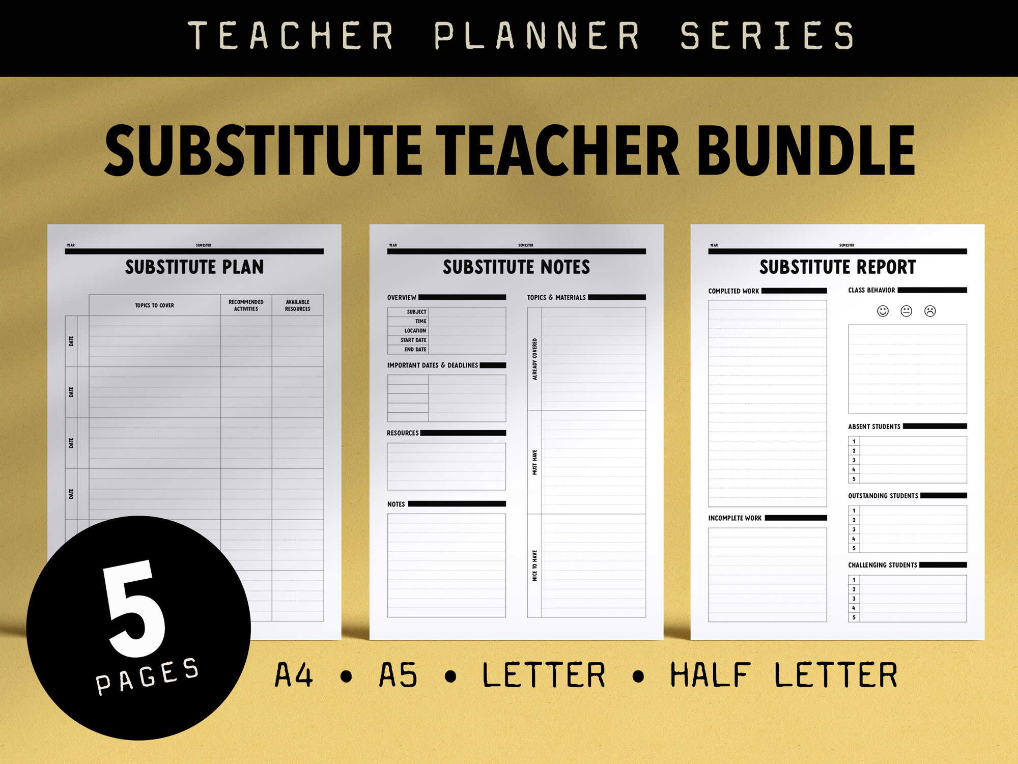 Printable Substitute Plan, Substitute Notes and Substitute Report ...