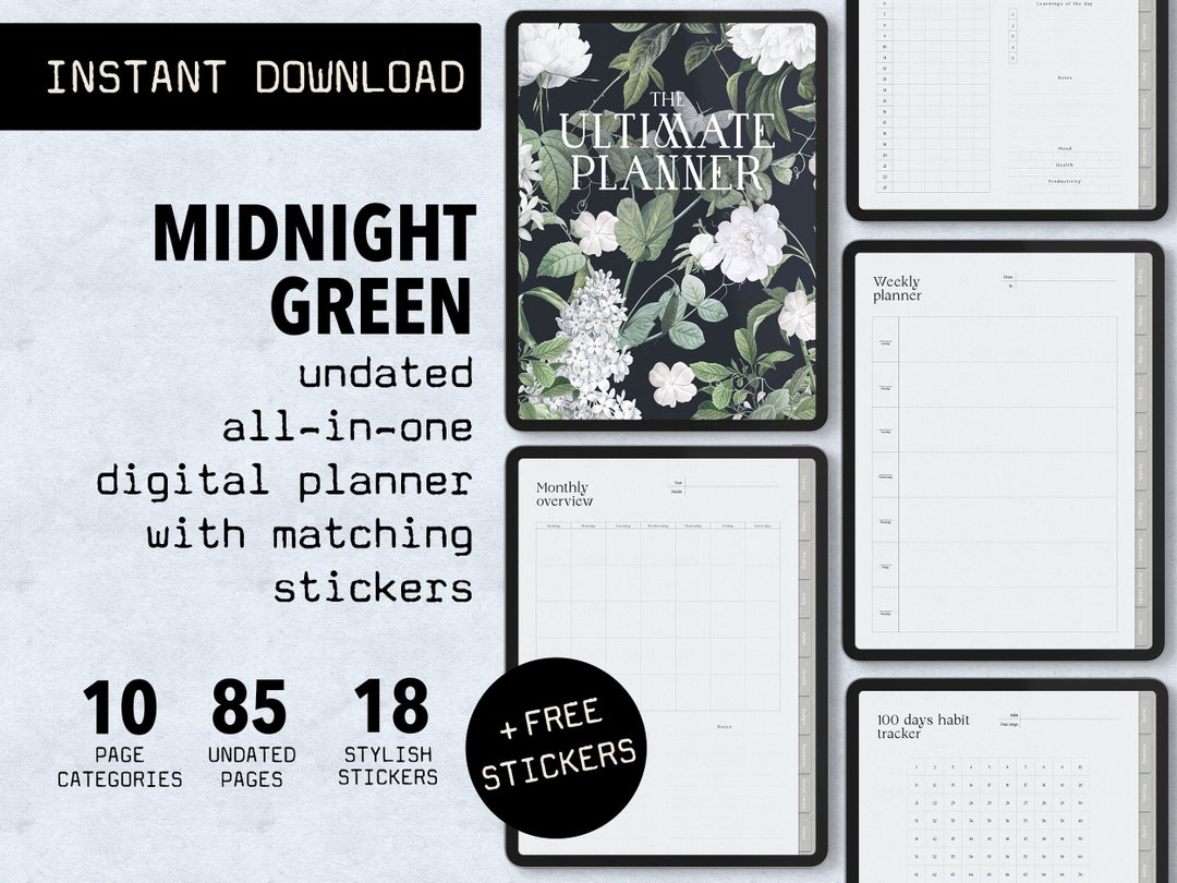 Floral Undated Digital Planner - Midnight Green Edition - Etsy