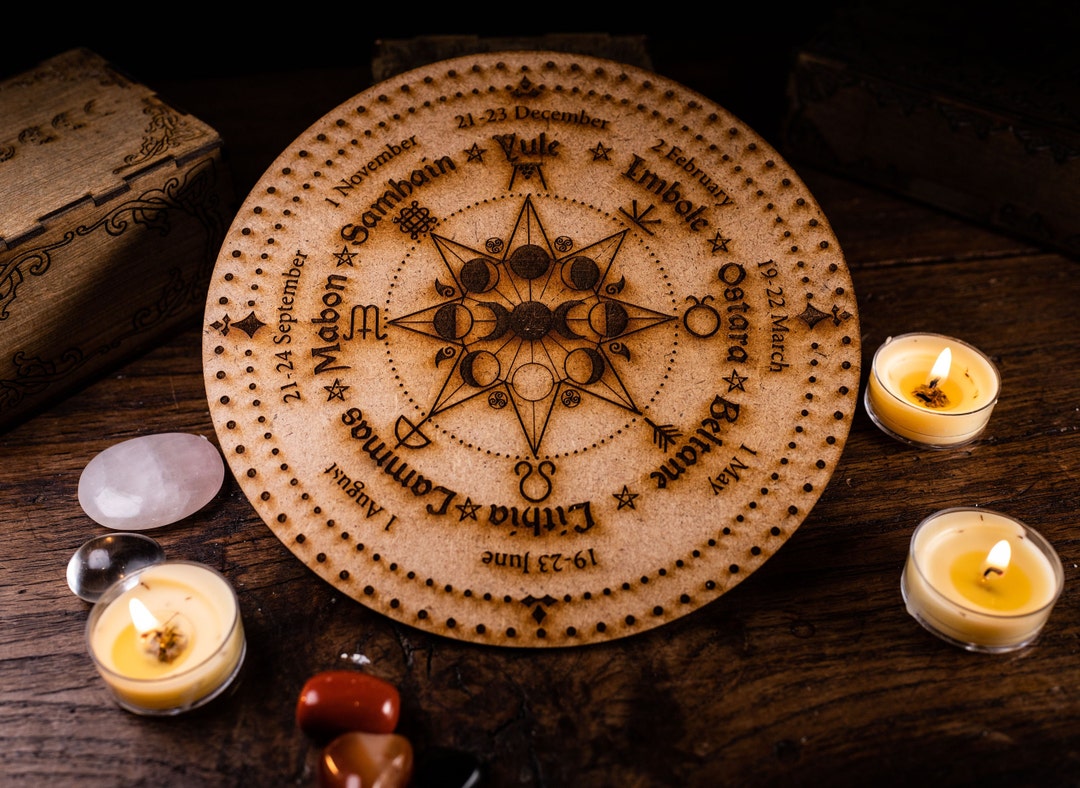 Wicca Wheel of the Year Engraved on Wood Esotericism, Moon Phases - Etsy