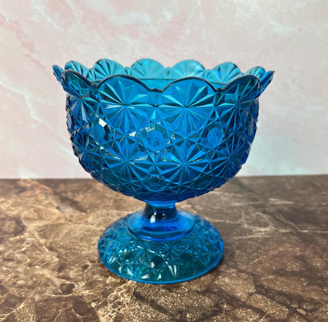 LG Wright Glass Daisy and Button Colonial Blue Open Compote - Etsy