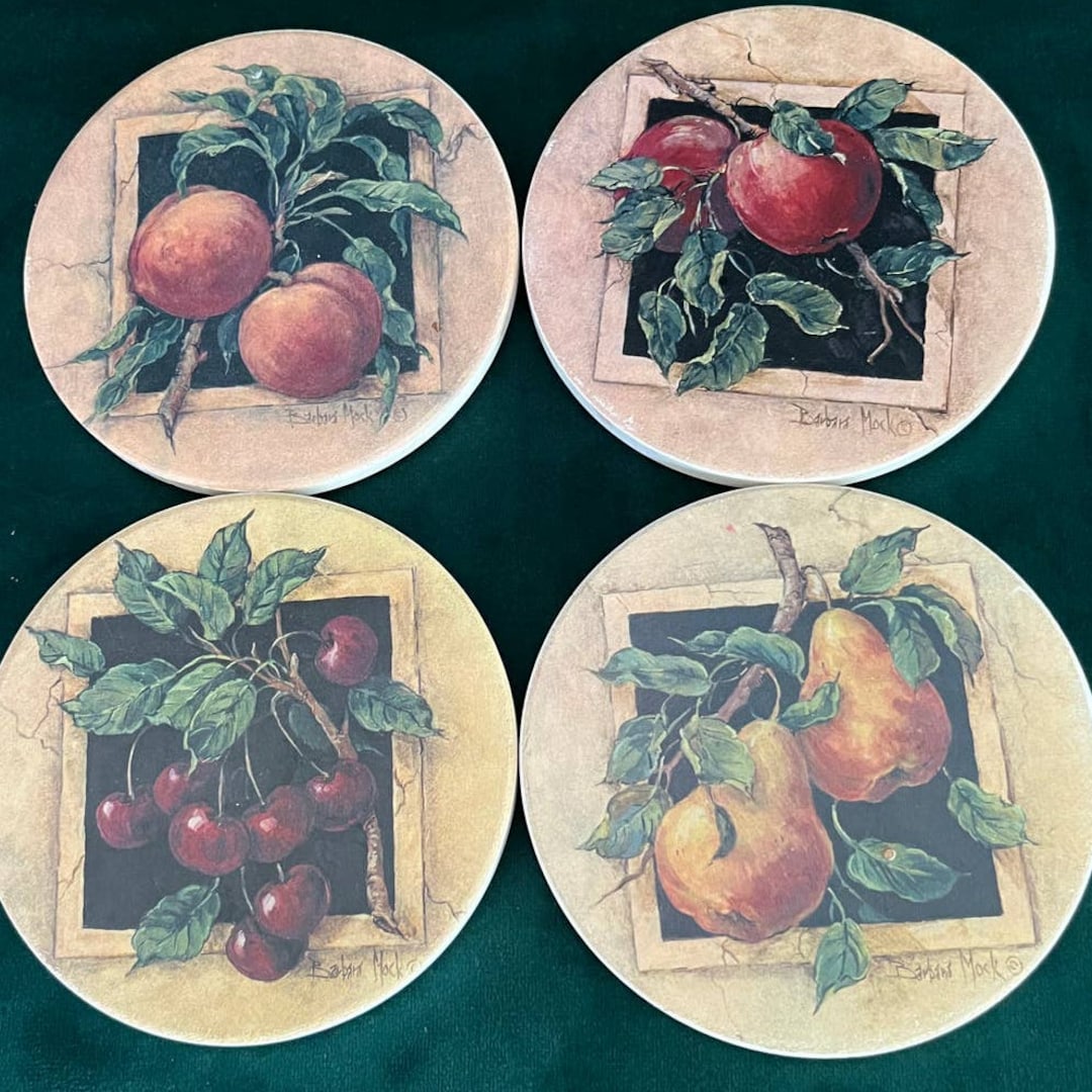 Set of 4 Round Ceramic Coasters Fruit Pattern Barbara Mock - Etsy