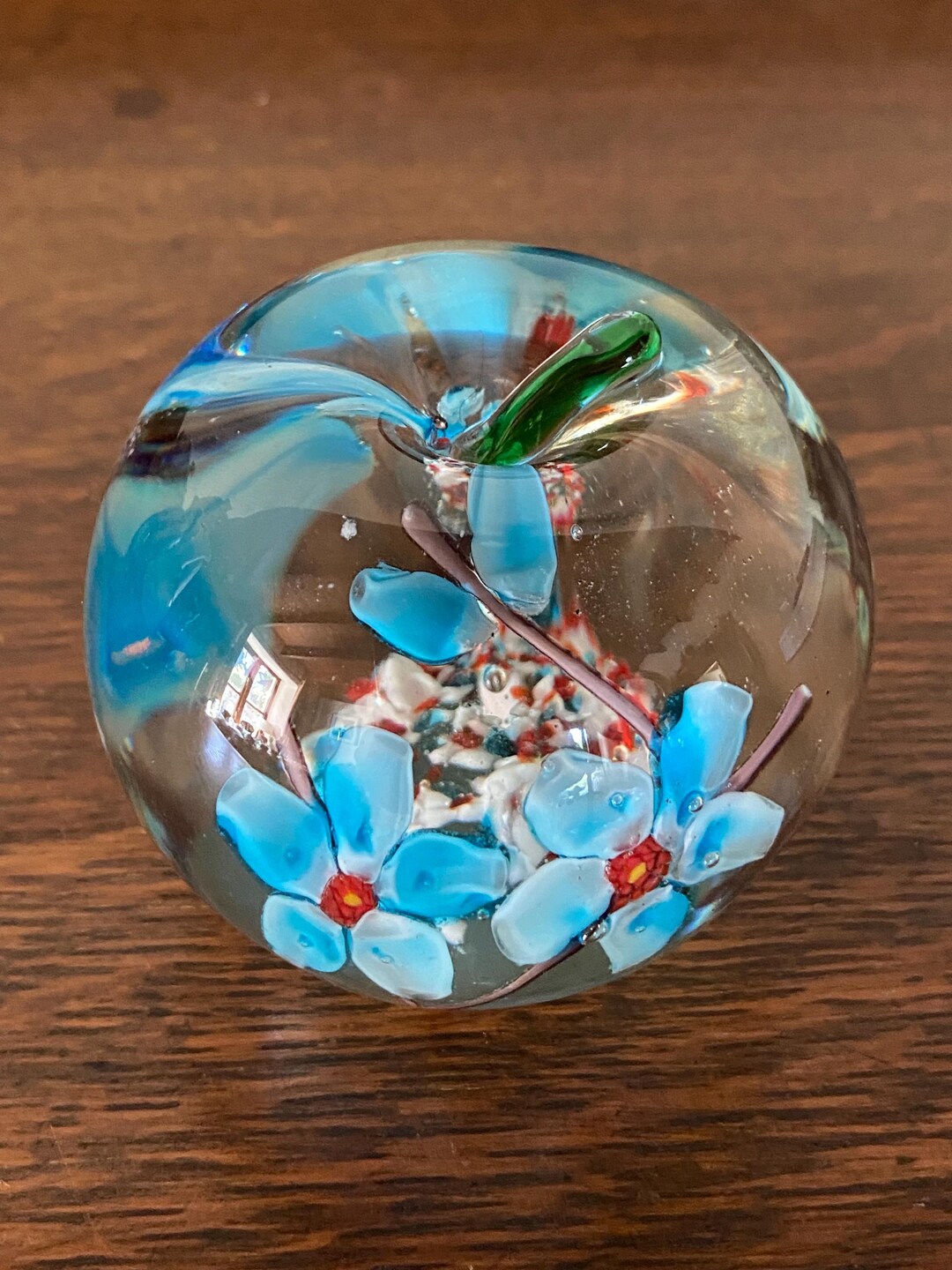 Vintage Glass Apple Paperweight With Blue Blossom - Etsy
