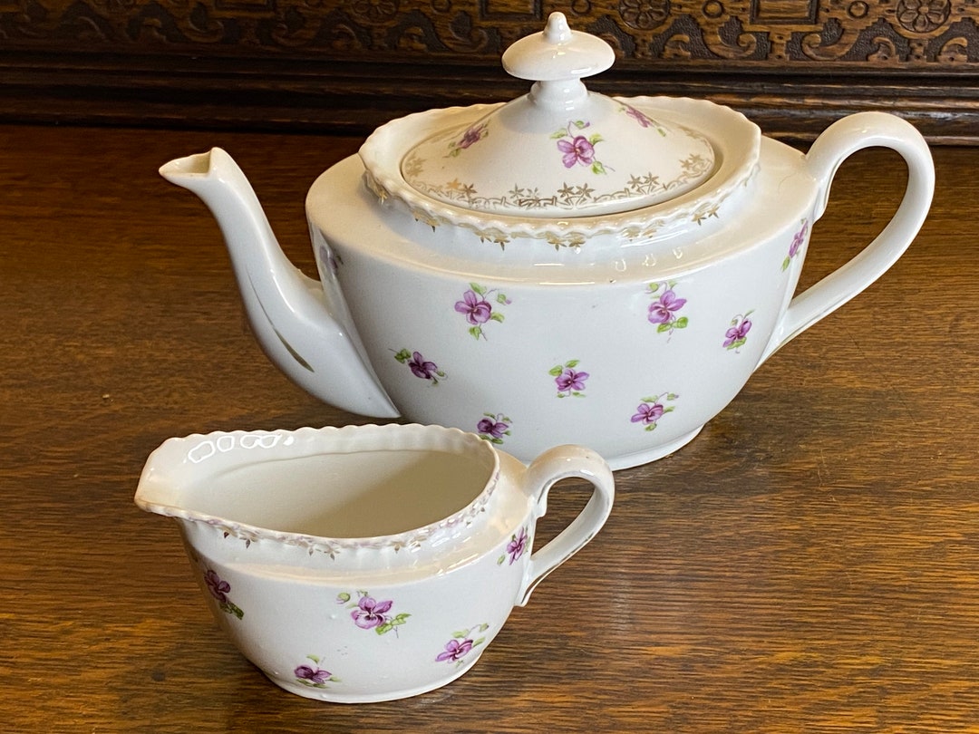 Vintage Porcelain Violets Teapot & Creamer Milk Jug - Etsy