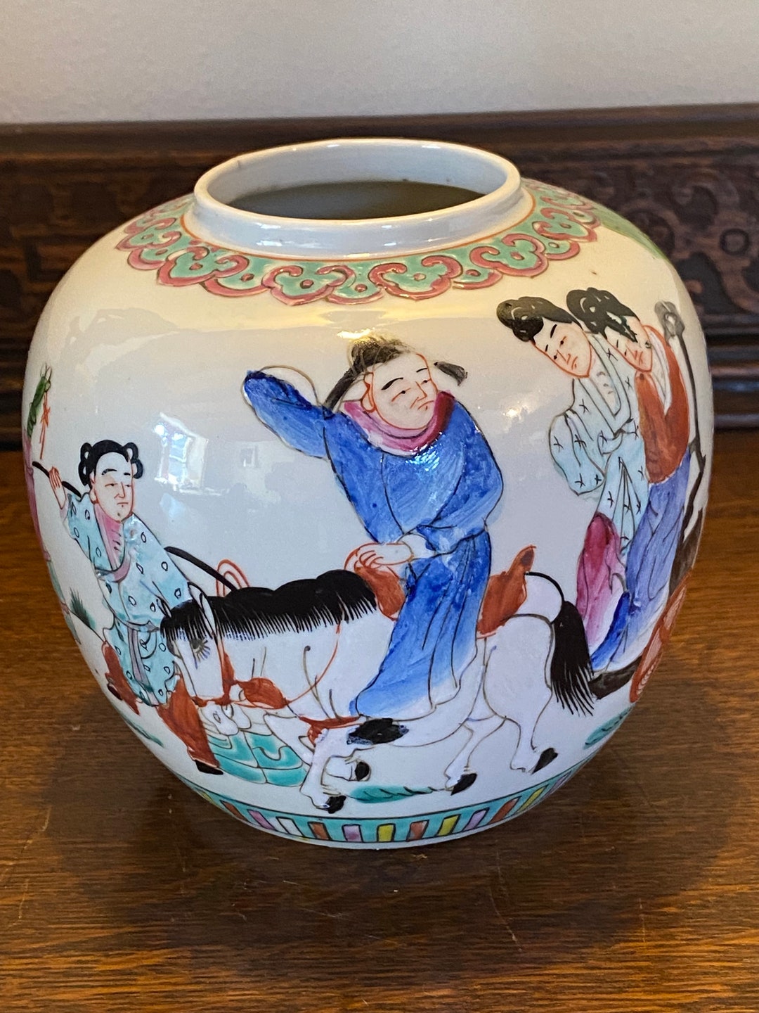 Antique 1920s Chinese Ginger Jar no Lid Vase Export Ware Man on Horse ...