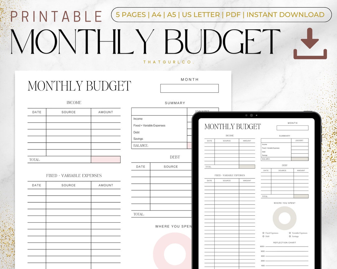 Printable Monthly Budget, Monthly Income & Expense Recorder, Monthly ...