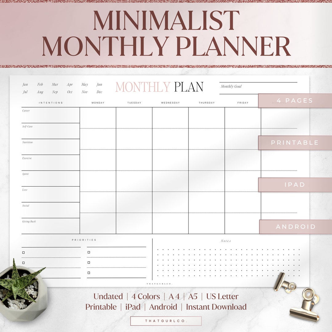 Monthly Planner Printable, Undated Monthly Planner Template, Monthly ...