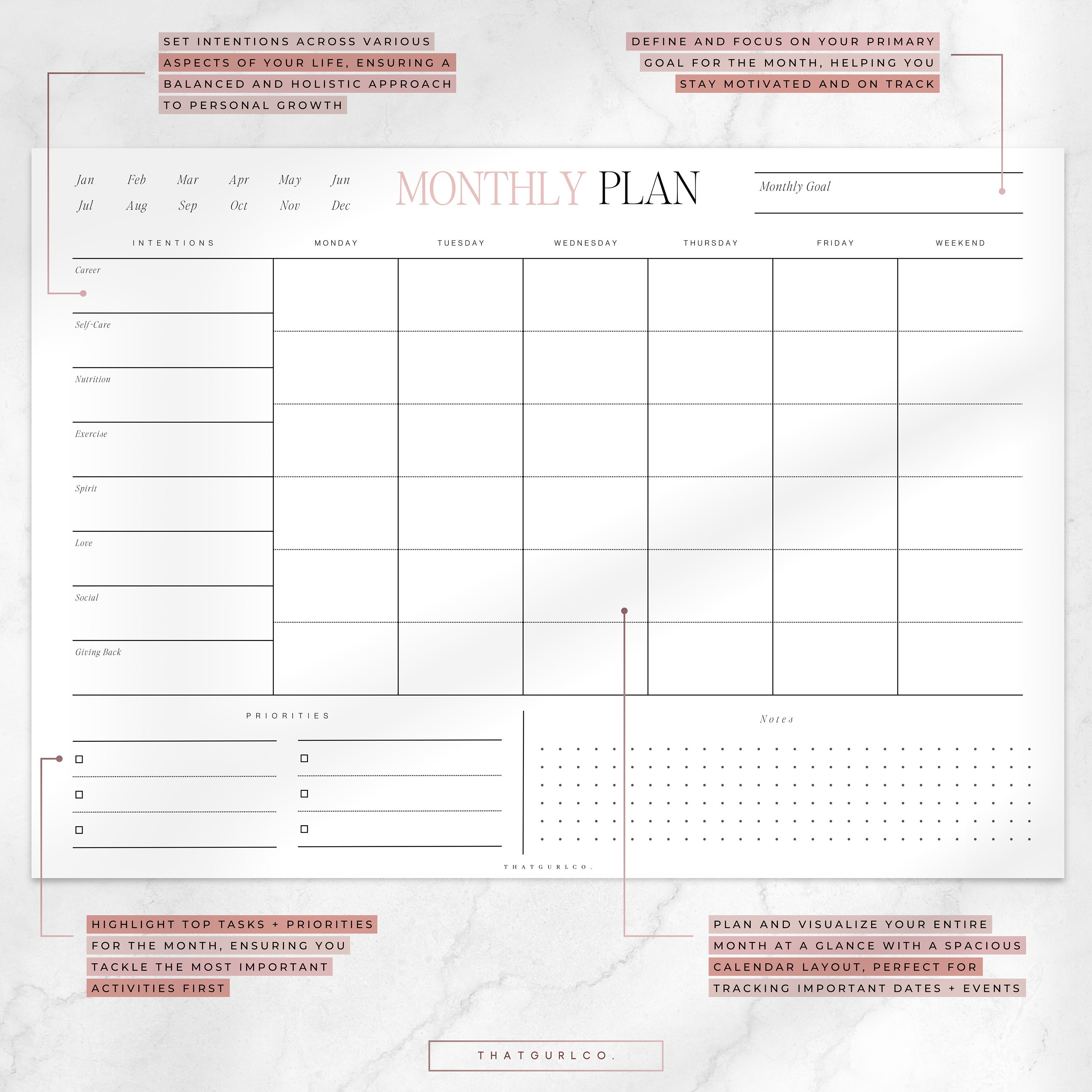 Monthly Planner Printable, Undated Monthly Planner Template, Monthly ...