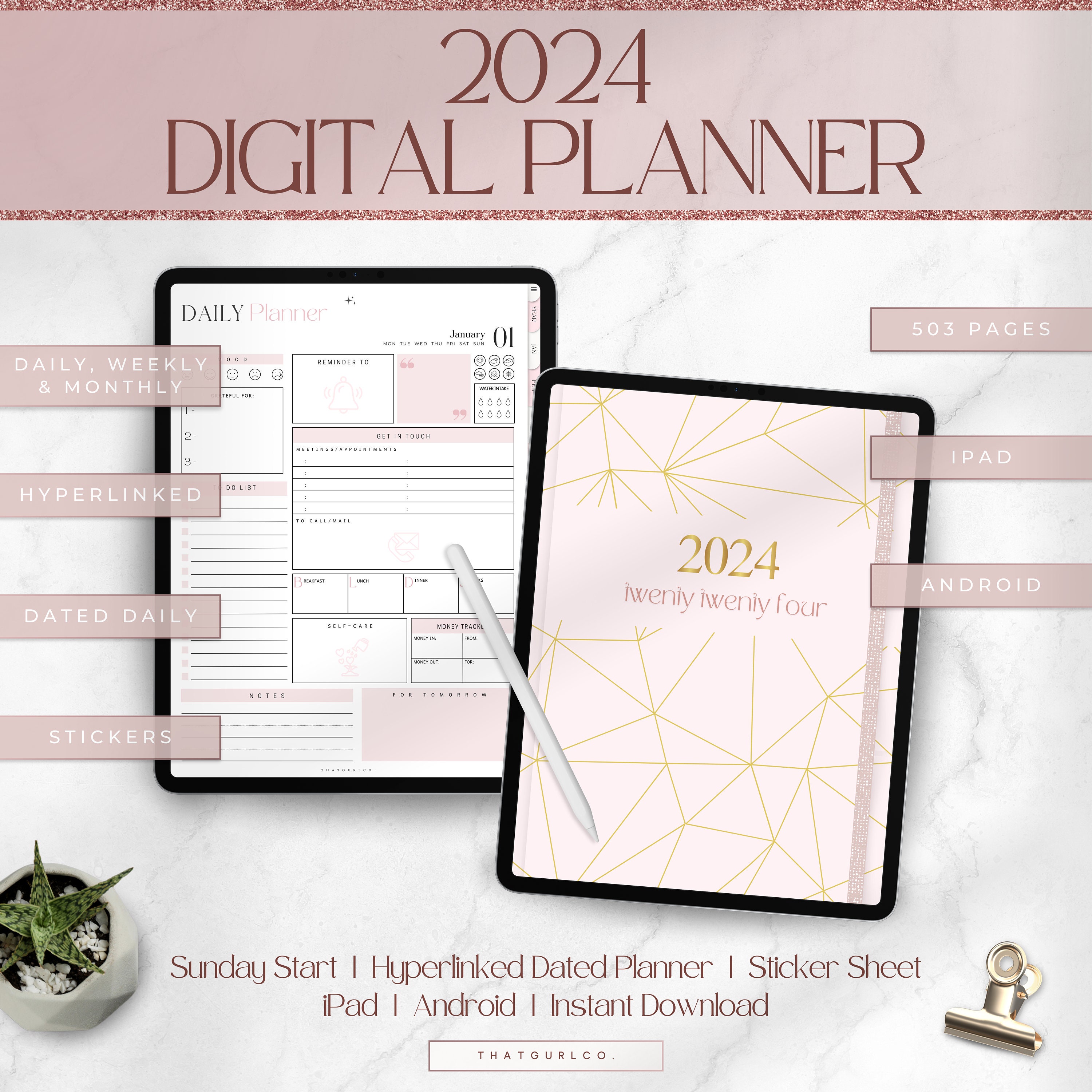 Digital Planner 2024, Daily Planner, Weekly, Monthly, Hyperlinked ...