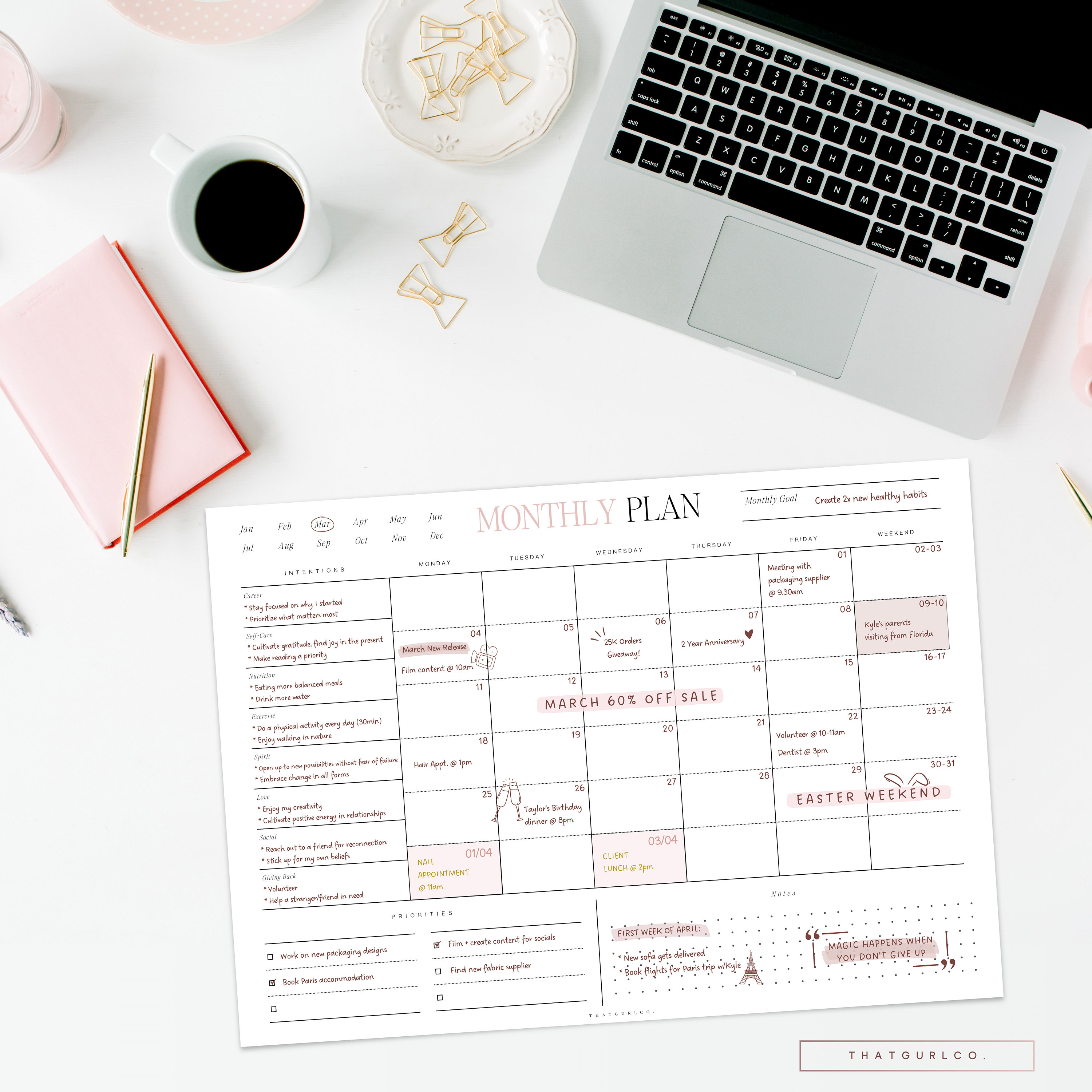Monthly Planner Printable, Undated Monthly Planner Template, Monthly ...
