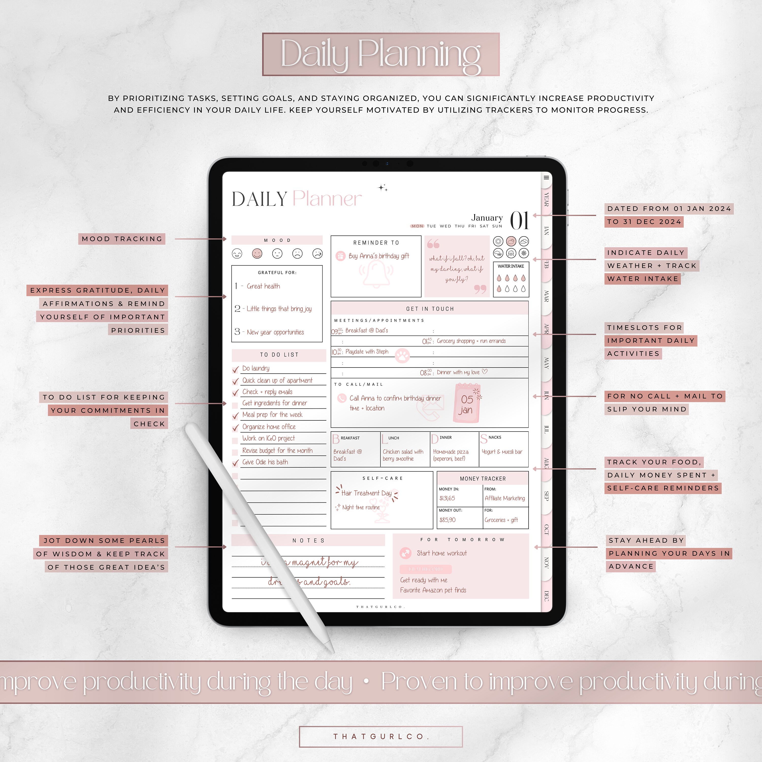 Digital Planner 2024, Daily Planner, Weekly, Monthly, Hyperlinked ...