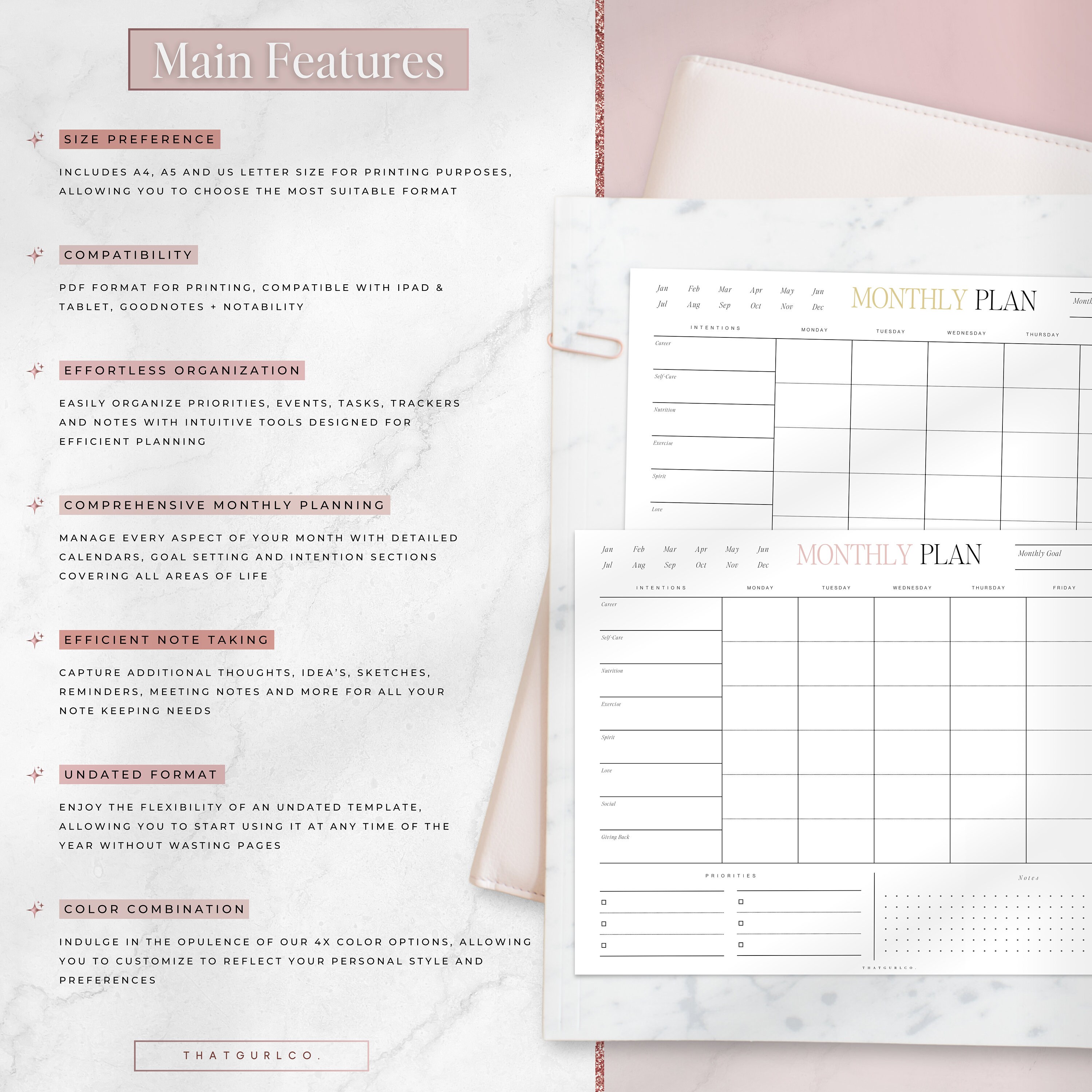Monthly Planner Printable, Undated Monthly Planner Template, Monthly ...
