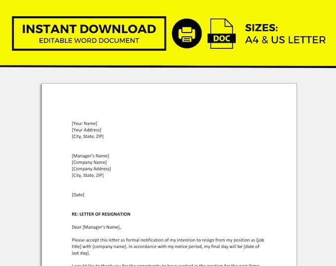 Resignation Letter Template Letter Of Resignation Template Etsy