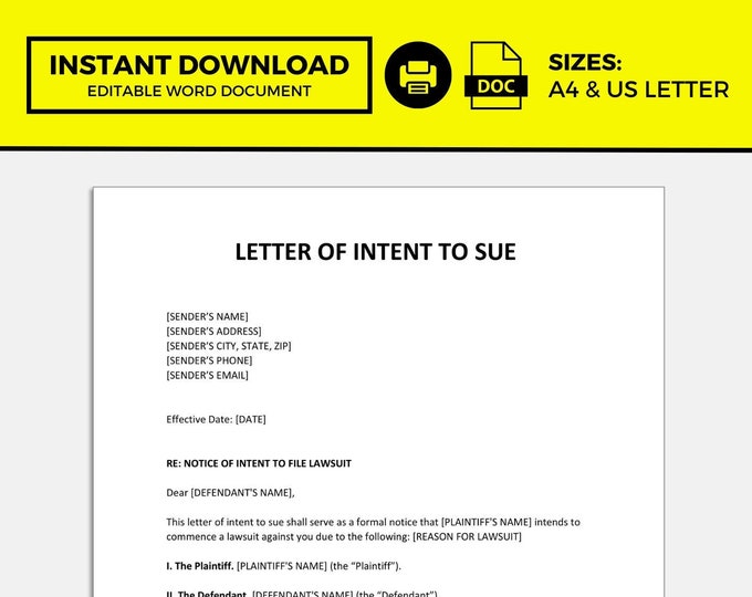 Letter of Intent to Sue Template - Etsy