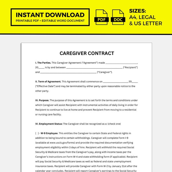 Caregiver Contract Template - Etsy