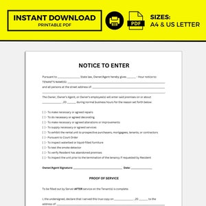 Notice to Enter, Landlord Notice to Enter, 24 Hour Notice to Enter ...