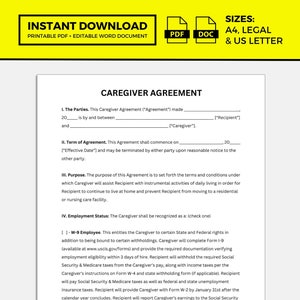 Caregiver Agreement, Caregiver Agreement Template - Etsy