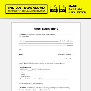 Promissory Note, Promissory Note Template - Etsy