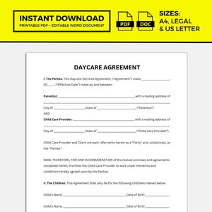 Daycare Contract, Daycare Contract Template, Day Care Contract, Day ...