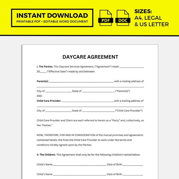 Daycare Contract Template - Etsy