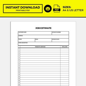 Job Estimate Template, Printable Job Estimate Template - Etsy