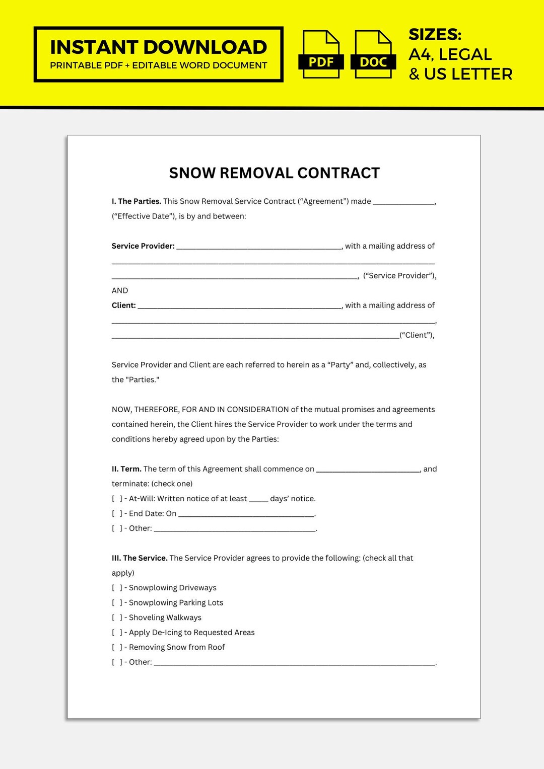 Snow Removal Contract - Etsy