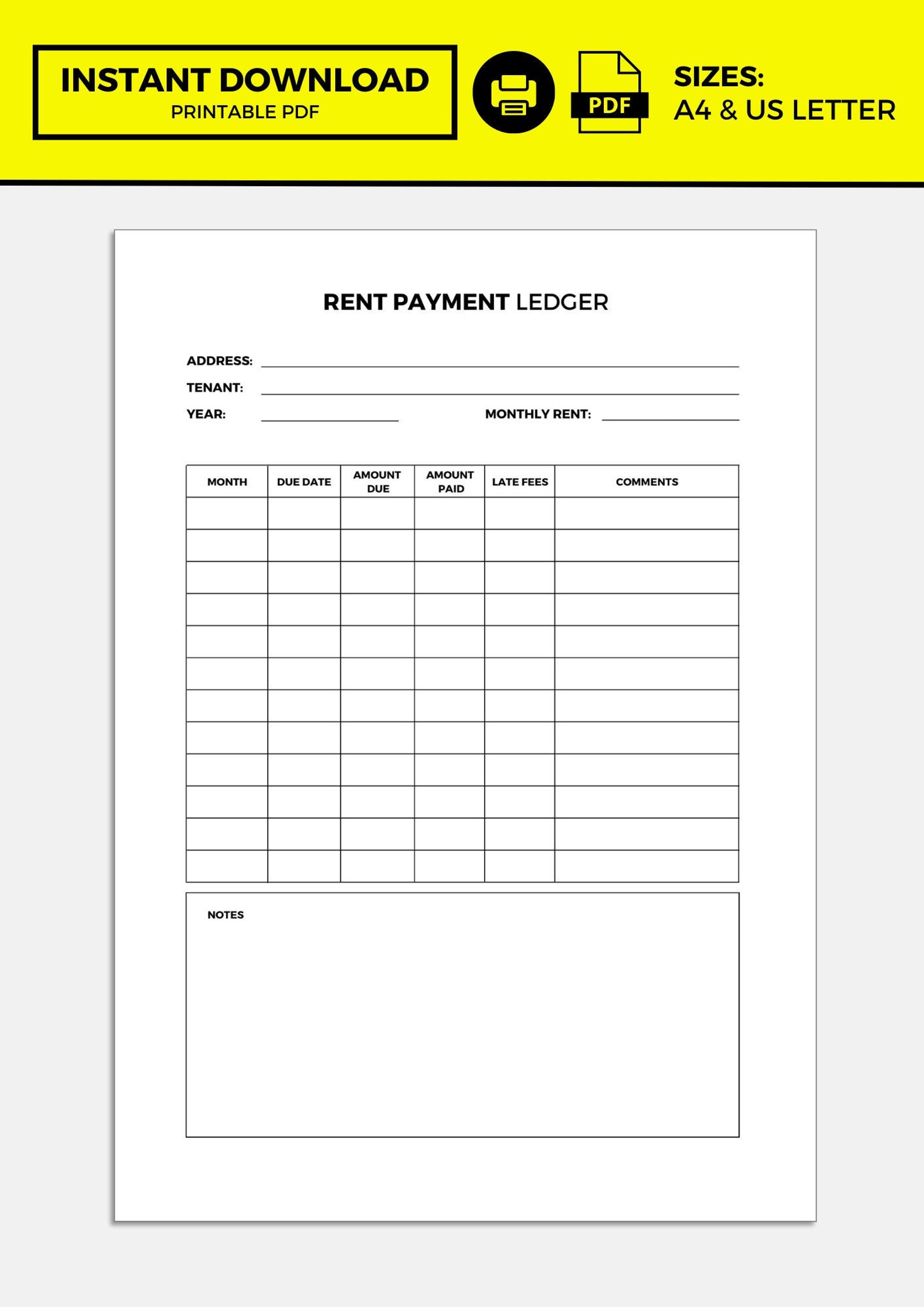 Rent Payment Ledger, Rent Ledger, Rent Ledger Template, Rent Ledger PDF ...