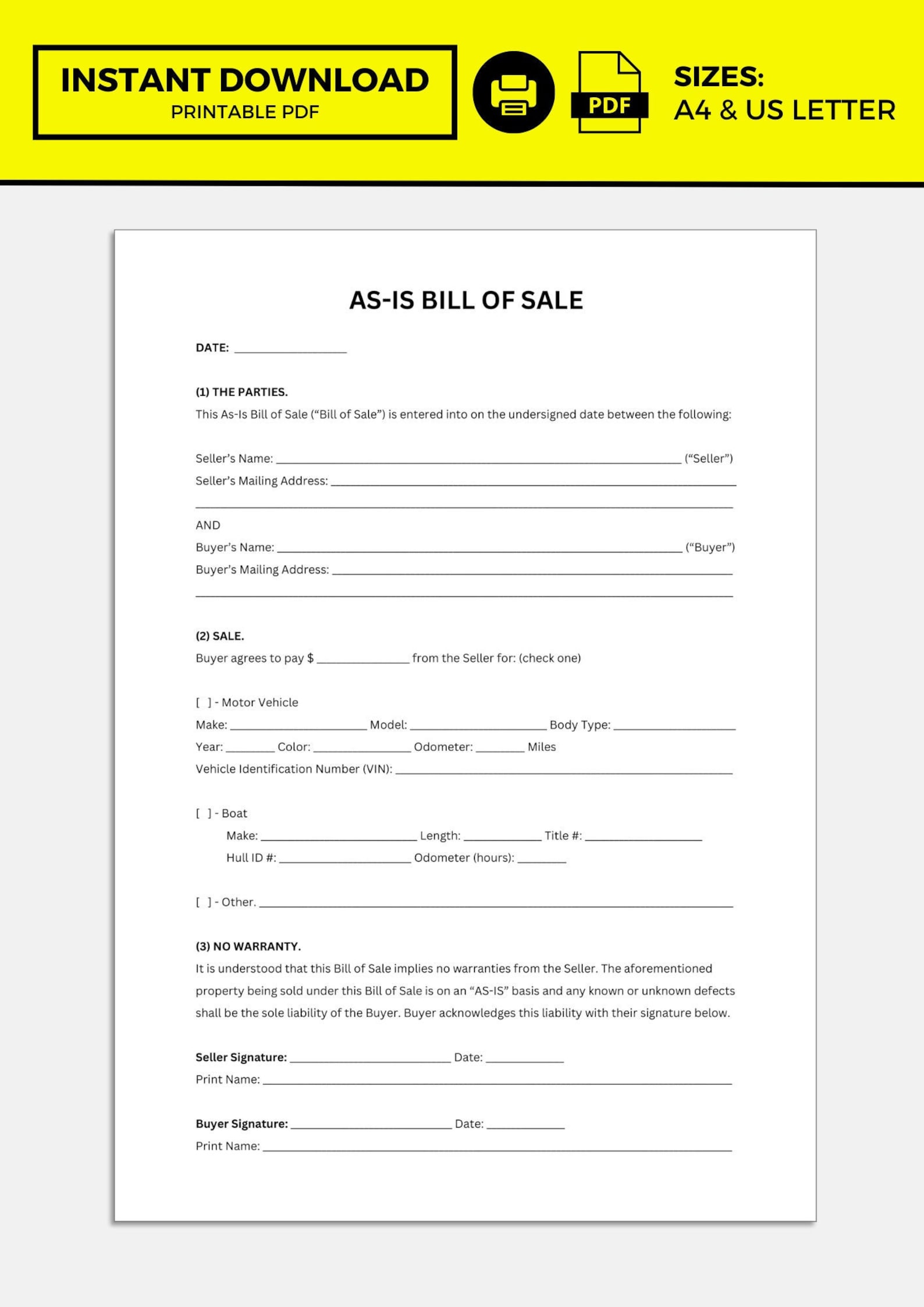 As is Bill of Sale, Bill of Sale, Bill of Sale Template, Bill of Sale ...