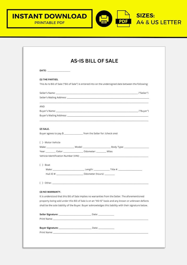 As is Bill of Sale, Bill of Sale, Bill of Sale Template, Bill of Sale ...