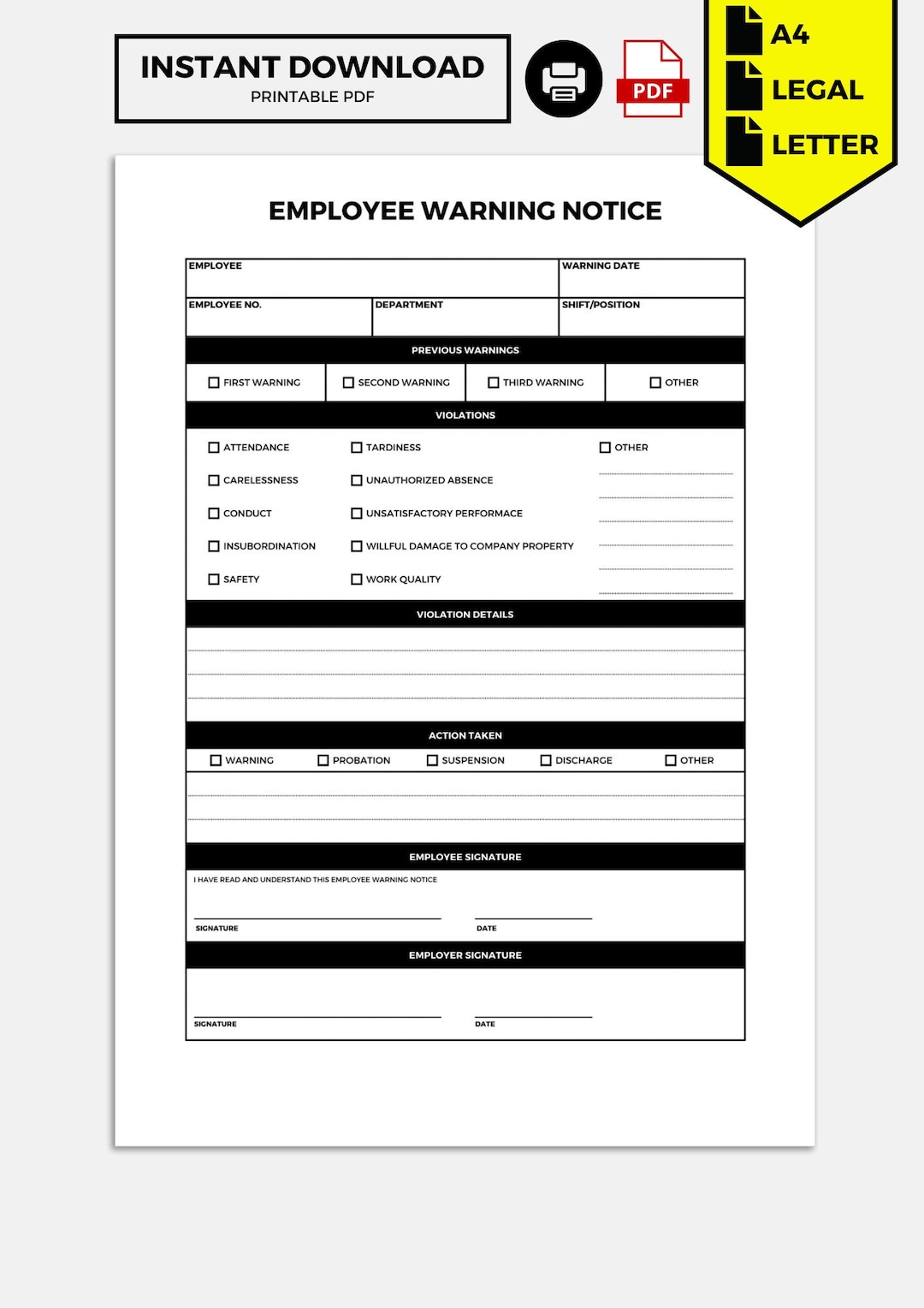 Employee Warning Notice Employee Warning Form Employee - Etsy