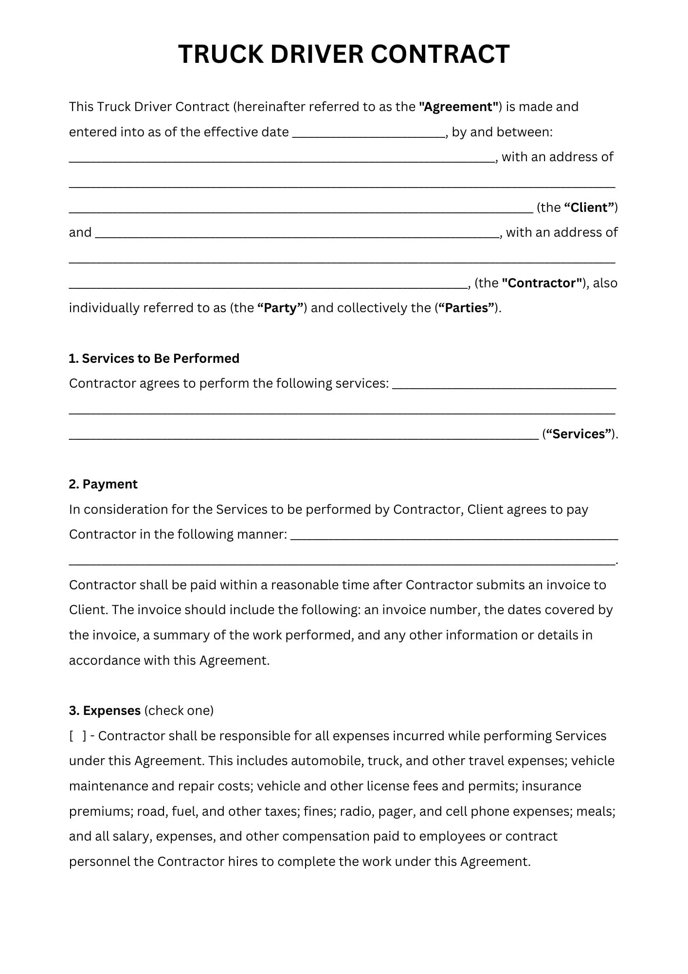 Truck Driver Contract - Etsy