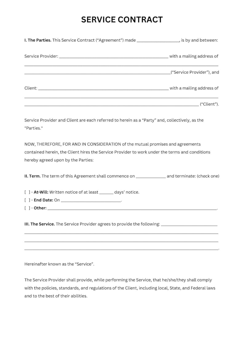 Service Contract Service Contract Template - Etsy