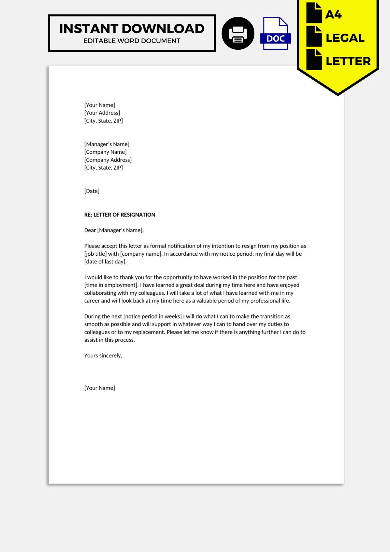 Resignation Letter Template Letter of Resignation Template - Etsy UK