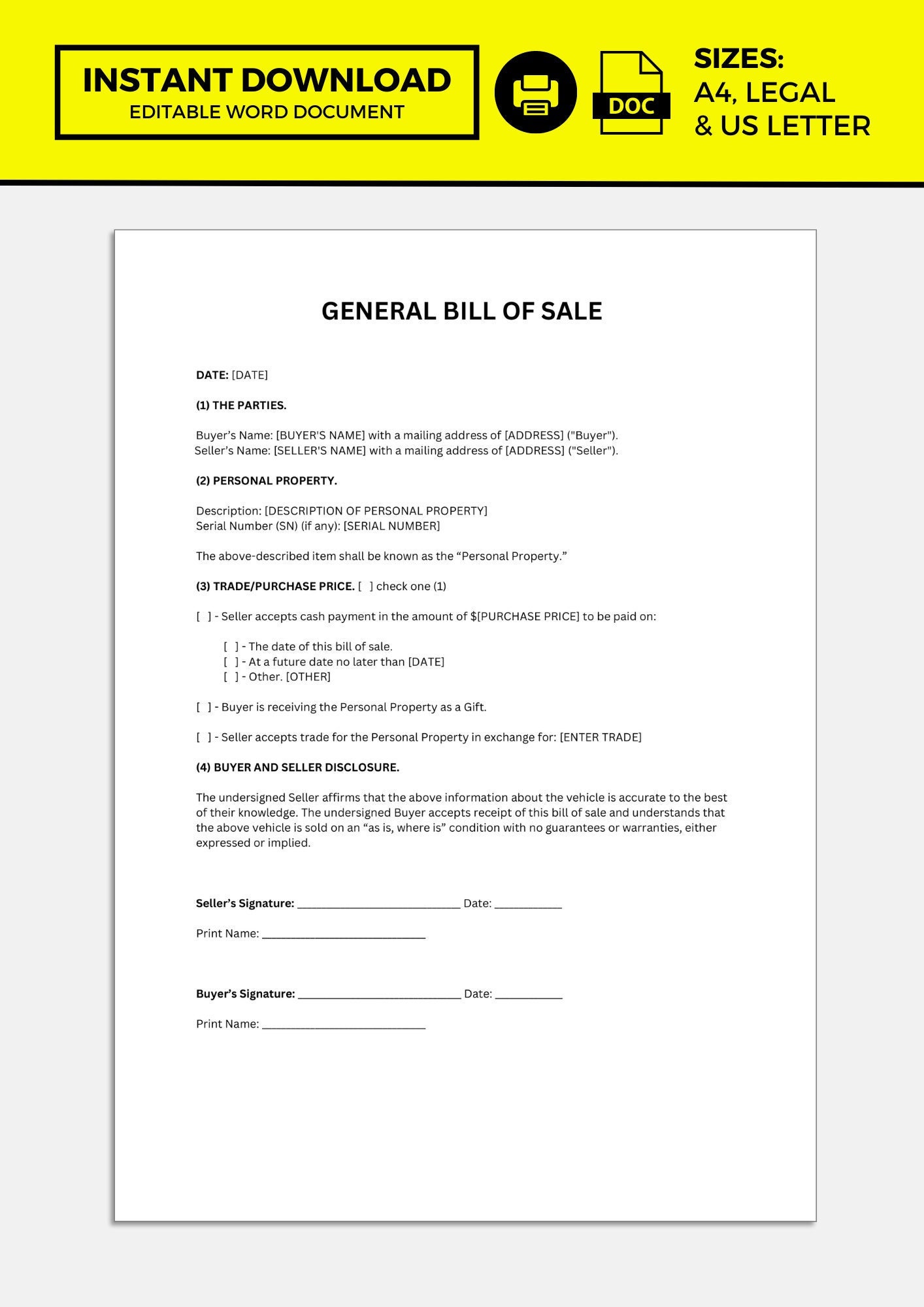 General Bill of Sale, General Bill of Sale Template - Etsy