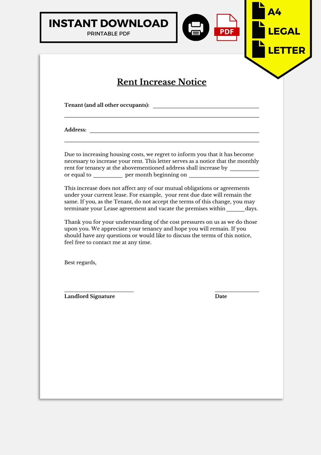 Rent Increase Notice Rent Increase Form Rent Increase - Etsy UK
