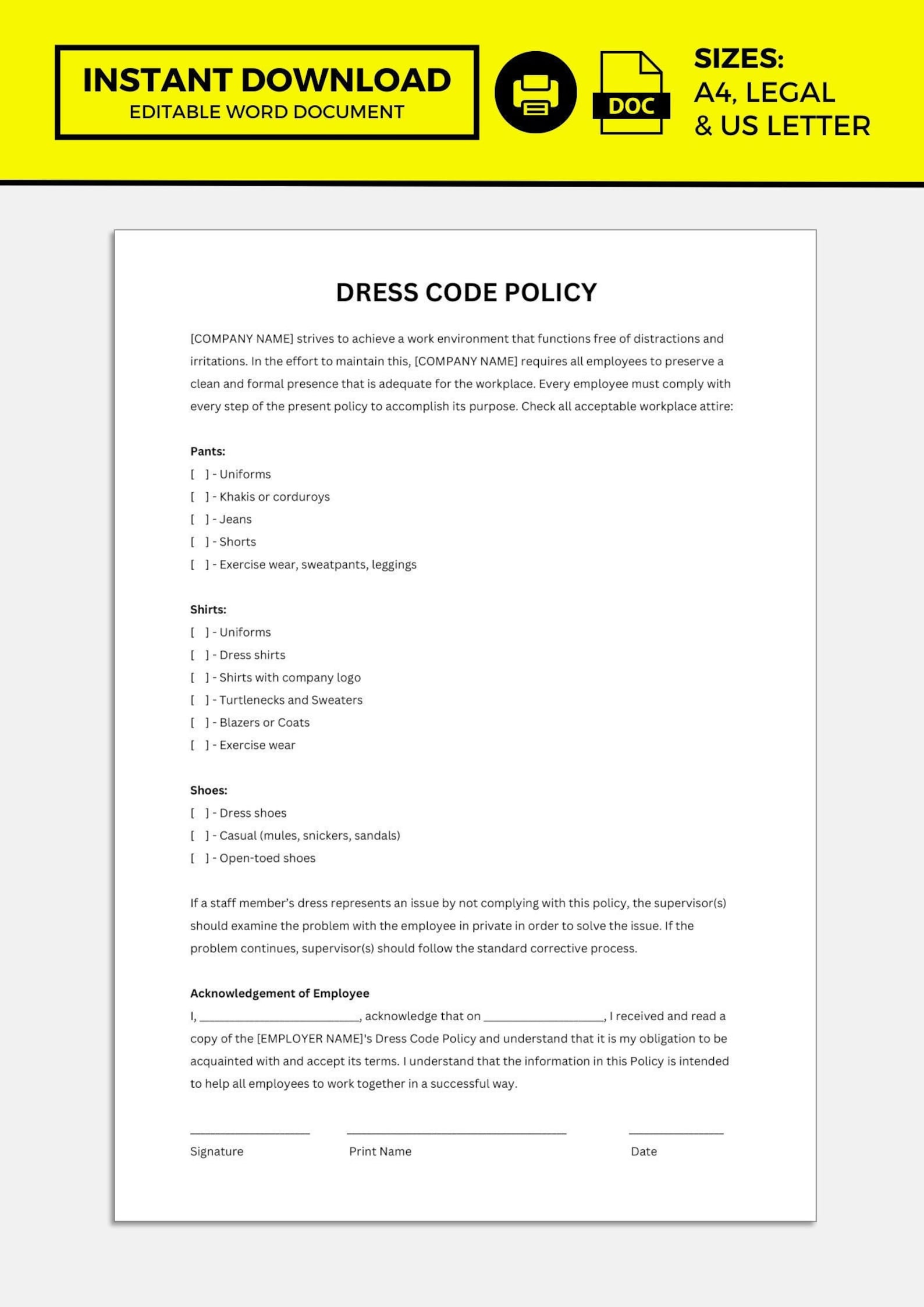 Dress Code Policy, Dress Code Policy Template - Etsy