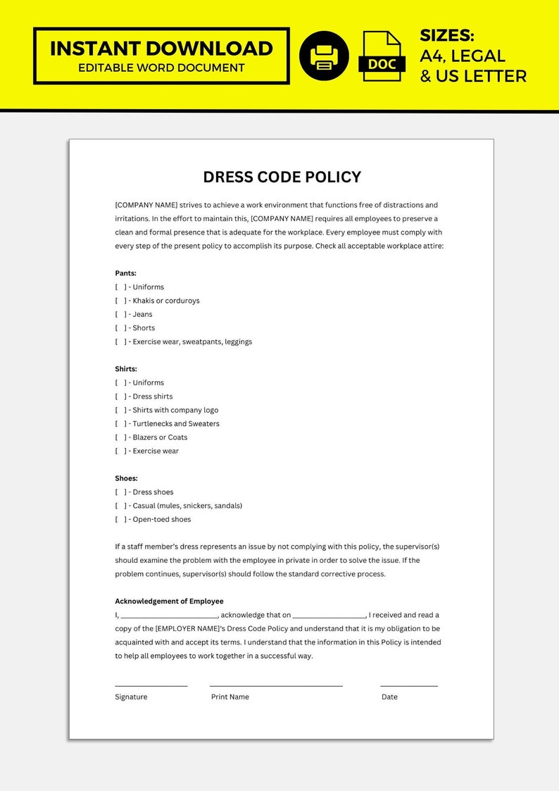Dress Code Policy, Dress Code Policy Template - Etsy