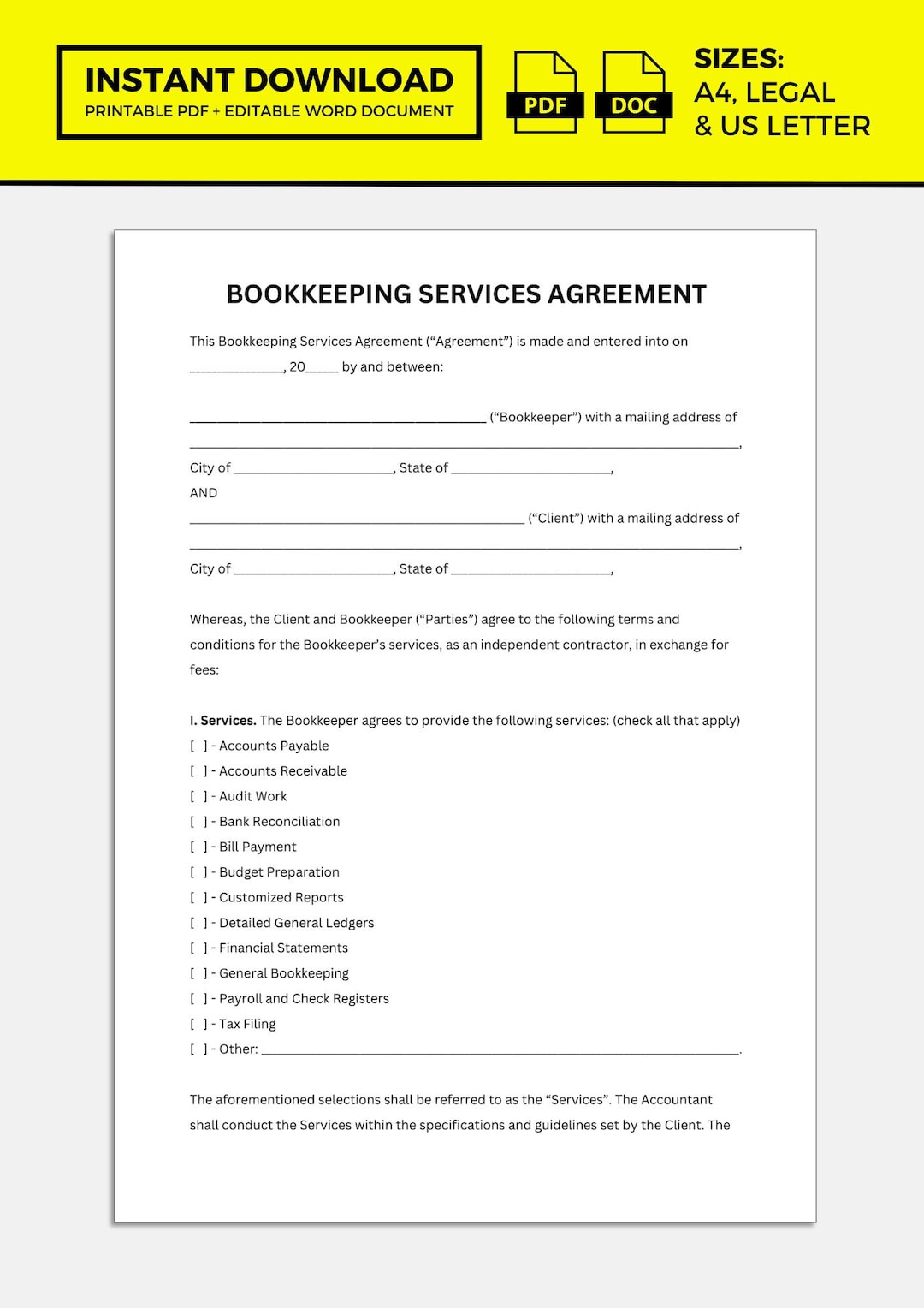 Bookkeeping Contract, Bookkeeping Services Agreement, Bookkeeper ...