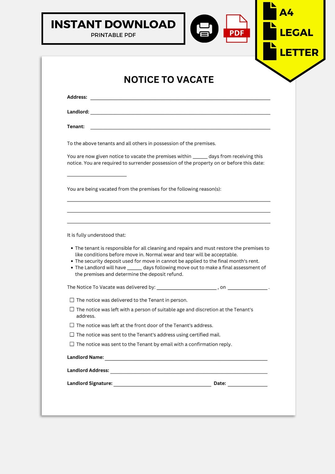 Notice to Vacate Notice to Vacate Template Eviction Notice - Etsy