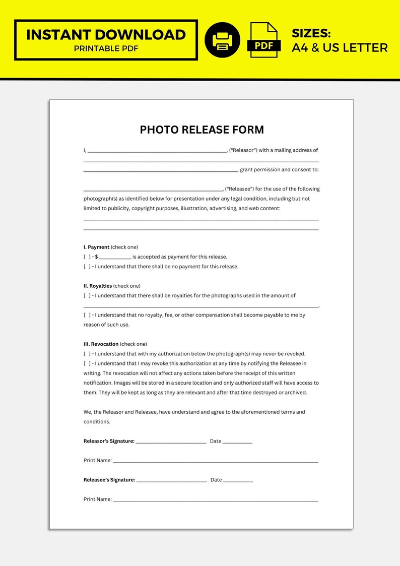 Photo Release Form, Photo Release Form Template - Etsy