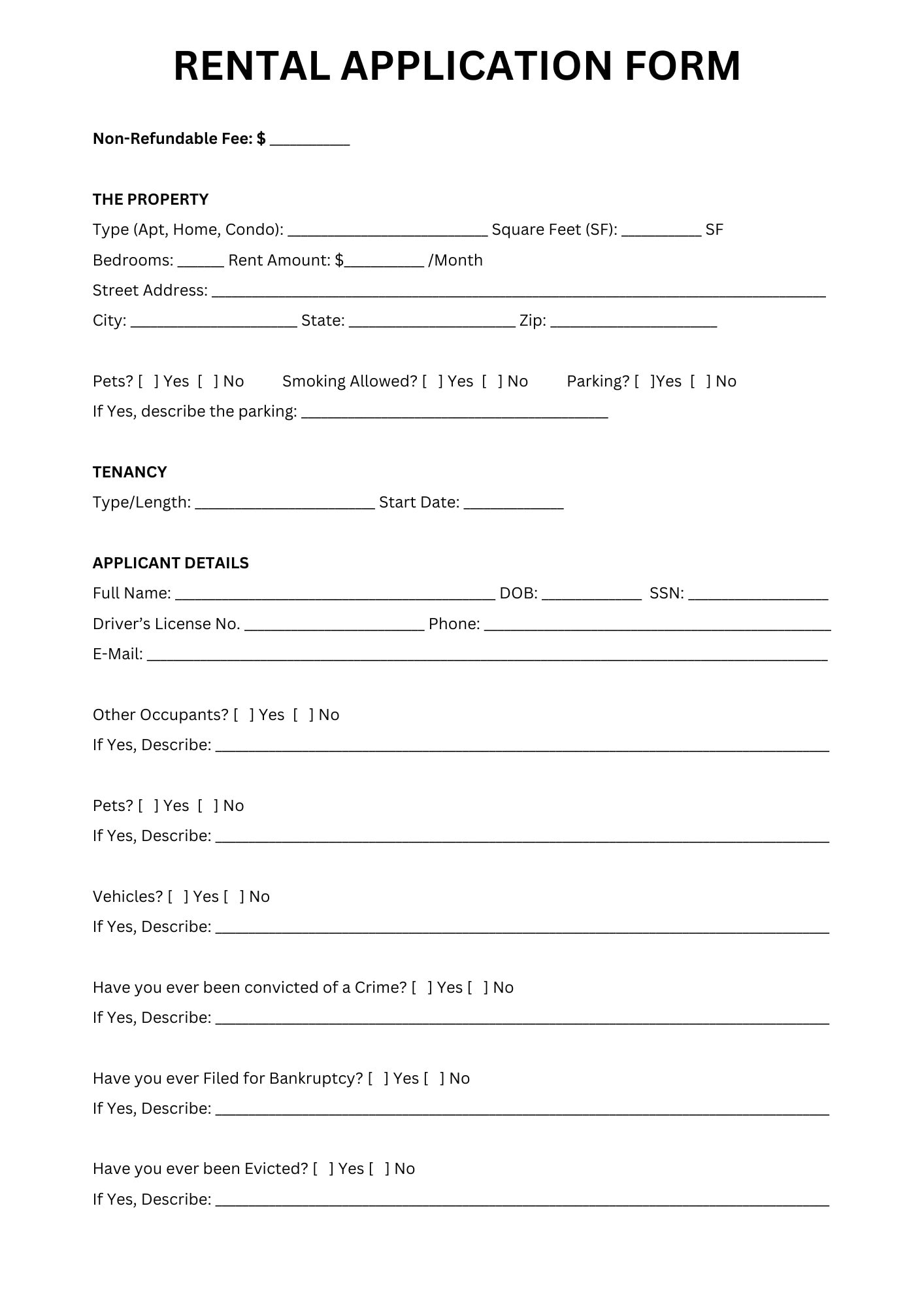 Rental Application Form, Rental Application Form Template, Printable ...