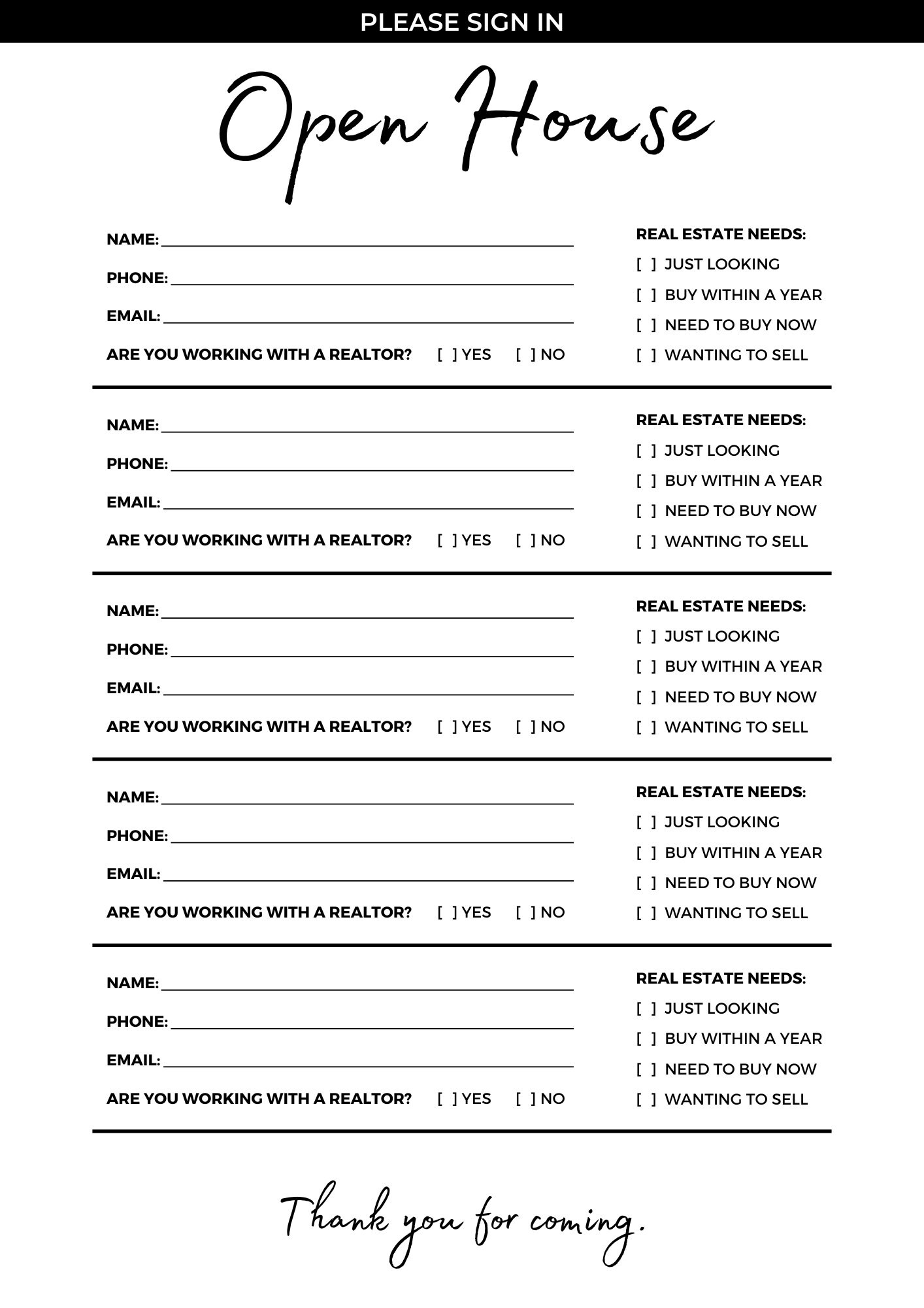 Open House Sign In, Open House Sign in Sheet, Open House Sign in ...