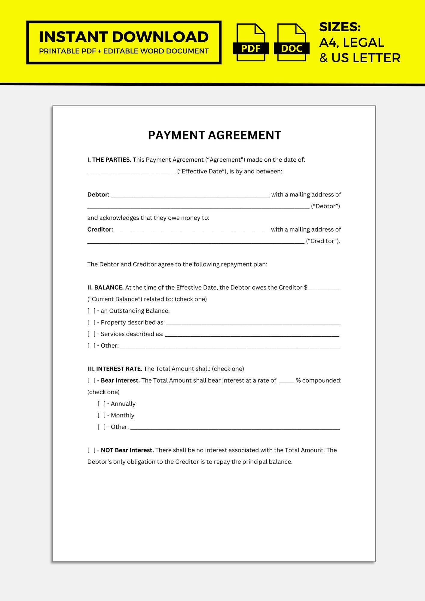 Payment Agreement Payment Contract - Etsy