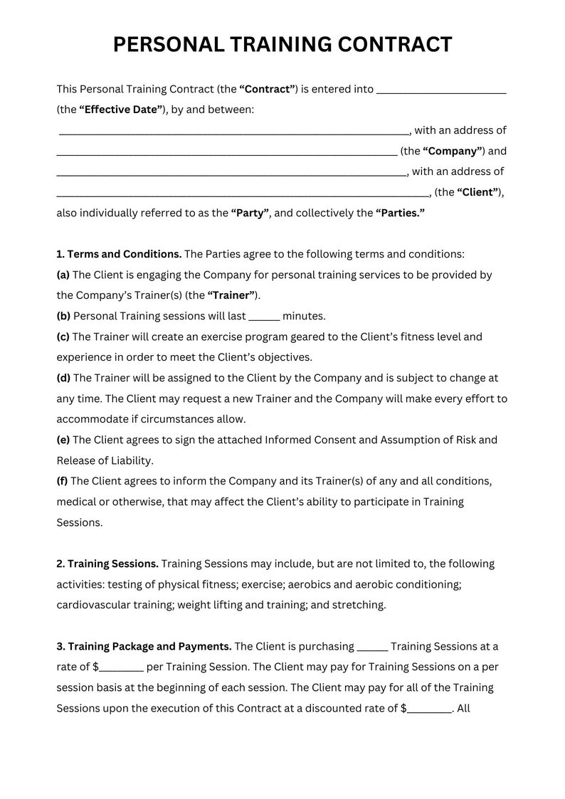 Personal Training Contract, Personal Trainer Contract Template ...